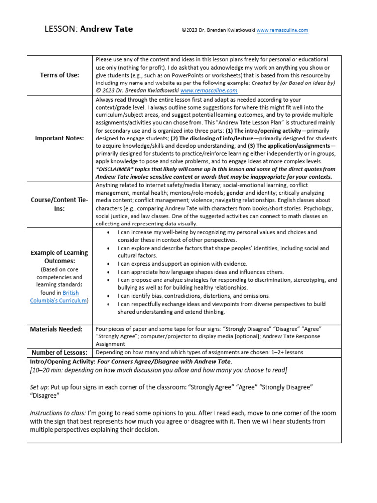 Lesson Plan Andrew Tate | PDF | Learning | Gender