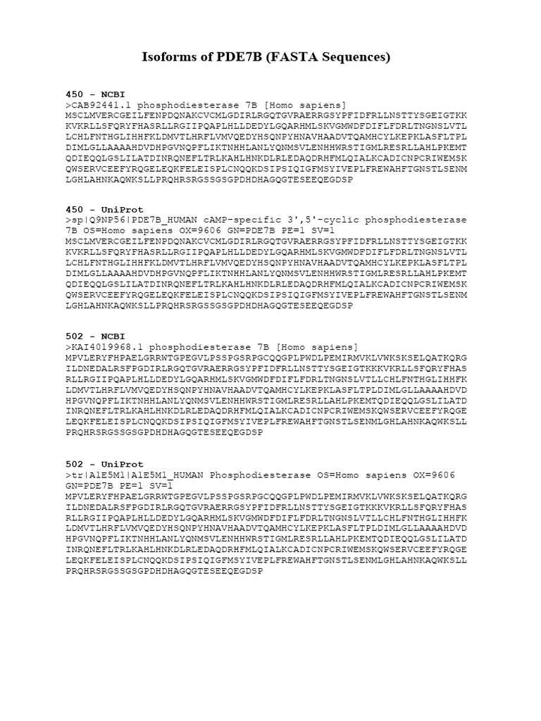 PDE 7B Isoforms Fasta Sequences | PDF | Biology | Mammal Genetics