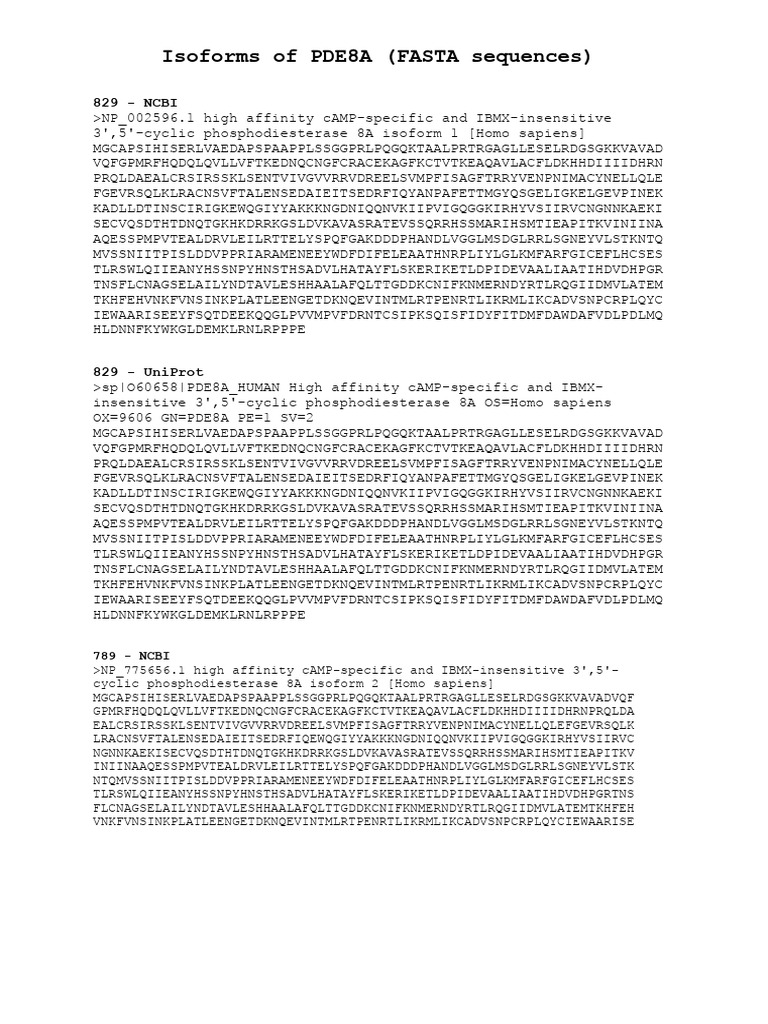 PDE 8A Isoforms Fasta Sequences | PDF | Wellness | Computers
