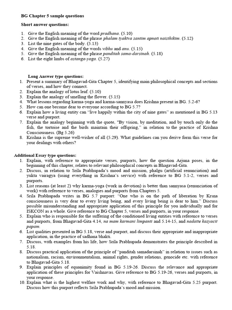 BG Chapter 5 Sample Questions | PDF | Bhagavad Gita | Āstika