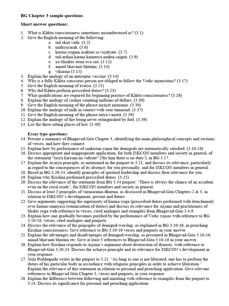 BG Chapter 3 Sample Questions | PDF | Bhagavad Gita | Krishna