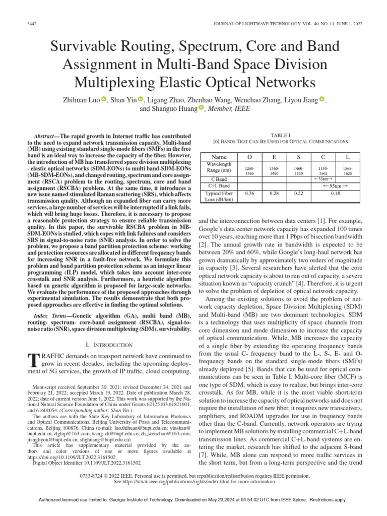 Survivable Routing Spectrum Core And Band Assignment In Multi Band Space Division Multiplexing