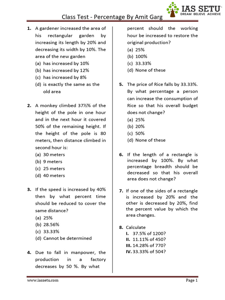 Class Test - Percentage by Amit | PDF | Length | Percentage