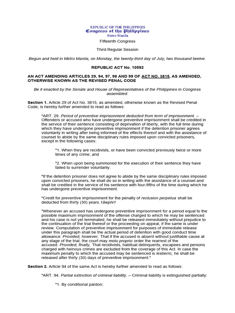 REPUBLIC ACT No. 10592. An Act Amending The GCTA Law | PDF | Prison ... REPUBLIC ACT No. 10592. An Act Amending The GCTA Law | PDF | Prison ...