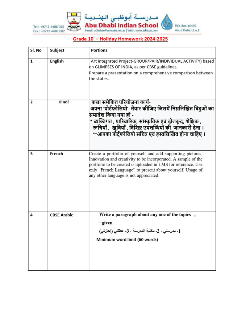 Grade 10 _ Holiday Homework 2024-2025 (3) | PDF