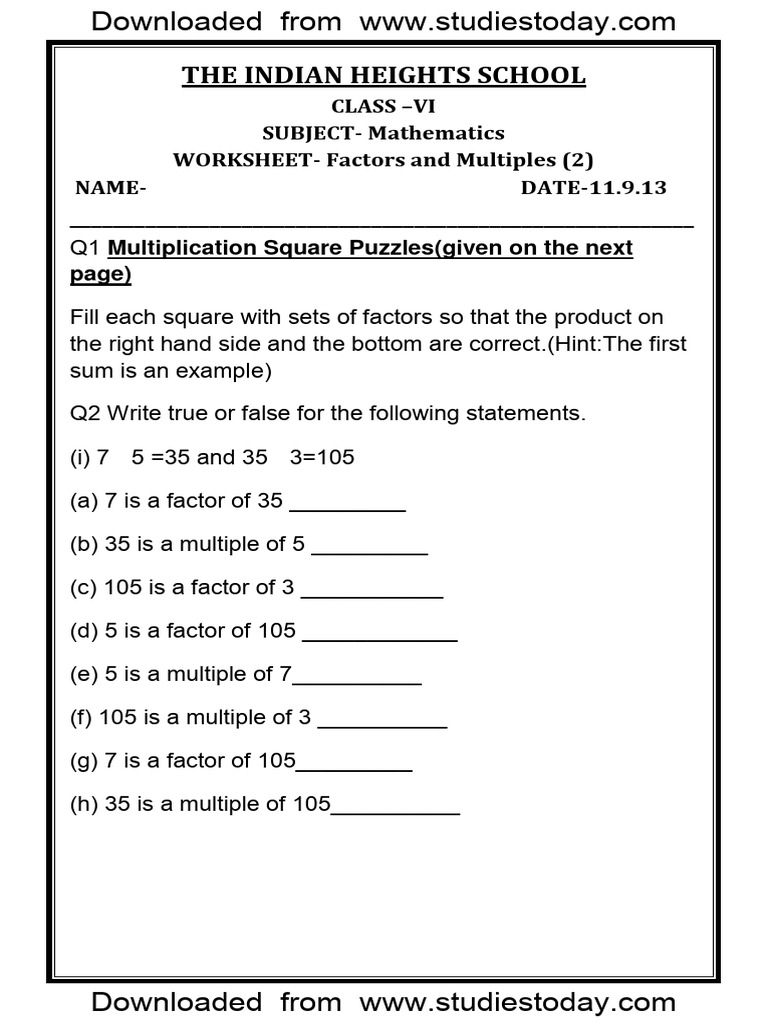 CBSE Class 6 Mathematics Worksheet - Factors and Multiples | PDF