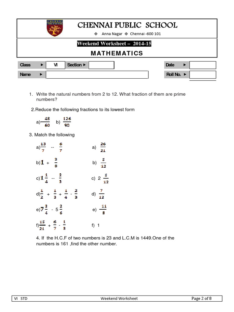 VI Mathematics Weekend Worksheet | PDF