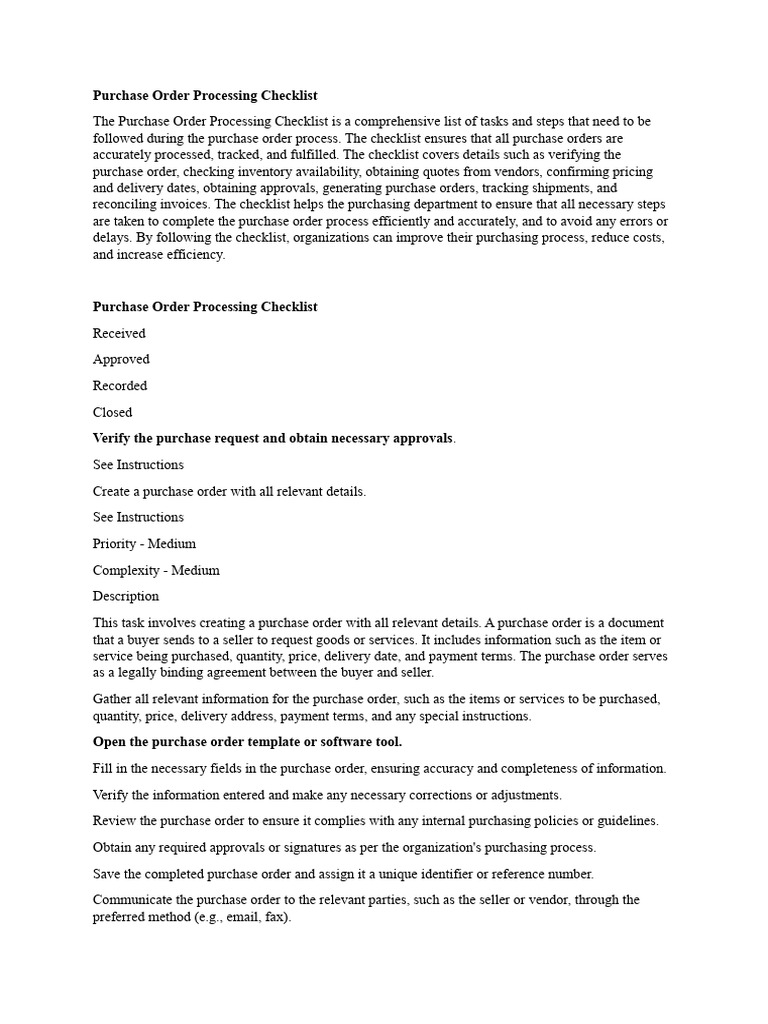 Purchase Order Processing Checklist | PDF | Audit | Regulatory Compliance
