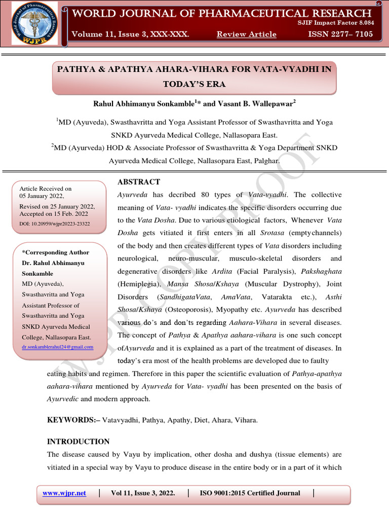 Pathya Apathya Ahara Vihara For Vata Vyadhi | PDF | Ayurveda