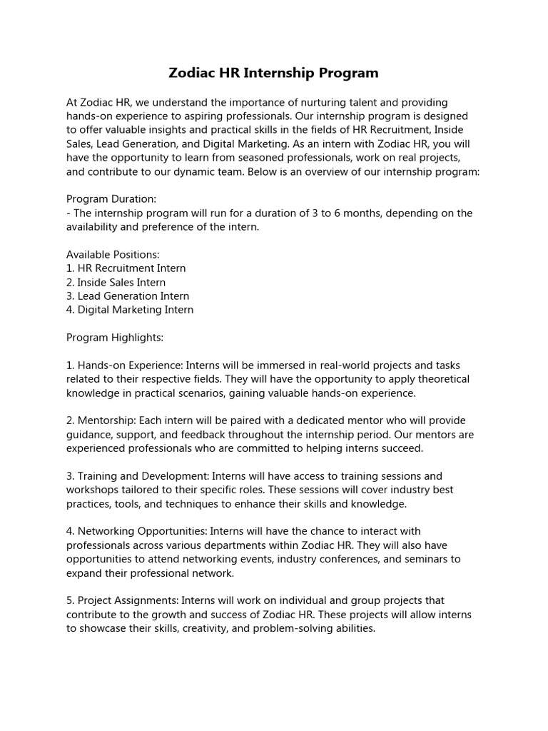 Zodiac HR Internship Program | PDF | Internship | Job Hunting