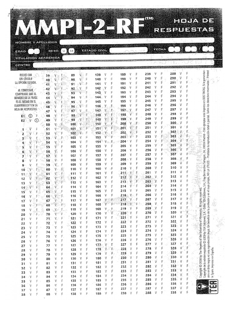 Mmpi 2 Rf Hoja De Respuestas Pdf