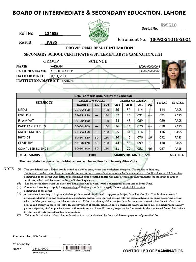 Result Format 10th Lahore Board | PDF