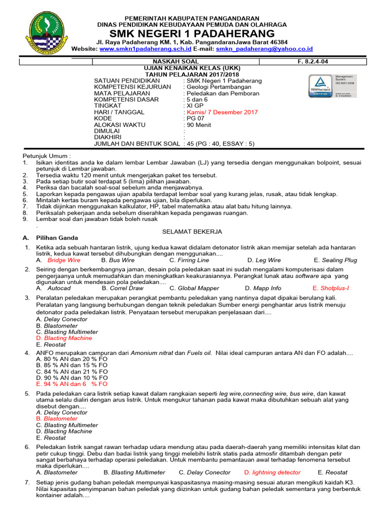 Calon Naskah Soal Teknik Peledakan Dan Pemboran Xi GP | PDF