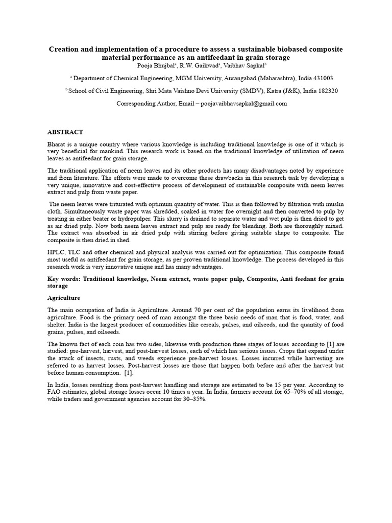 Neem Waste Pulp Composite for Grain Storage | PDF | Agriculture | Paper
