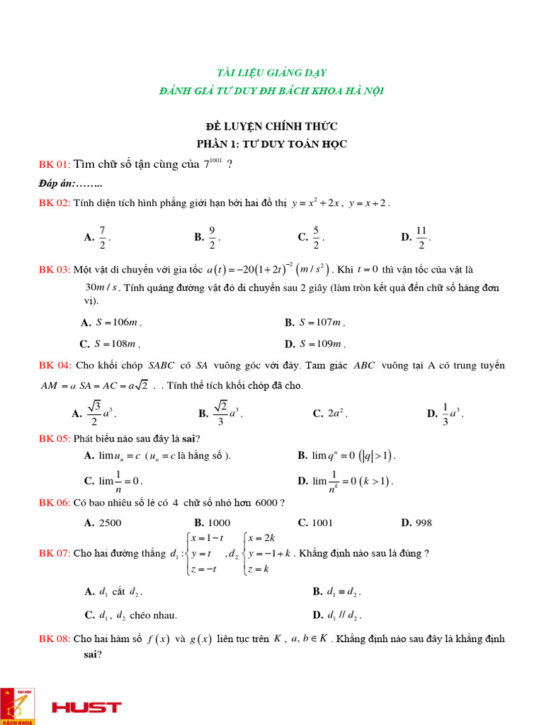 ĐỀ LUYỆN 01 (ĐỀ) - TSA - ĐGTDBKHN - ĐỀ THI THỬ CHÍNH THỨC | PDF