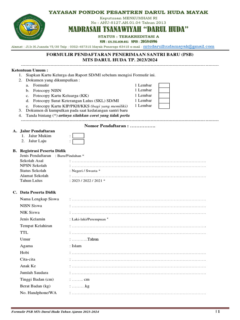 Formulir Khusus MTS | PDF