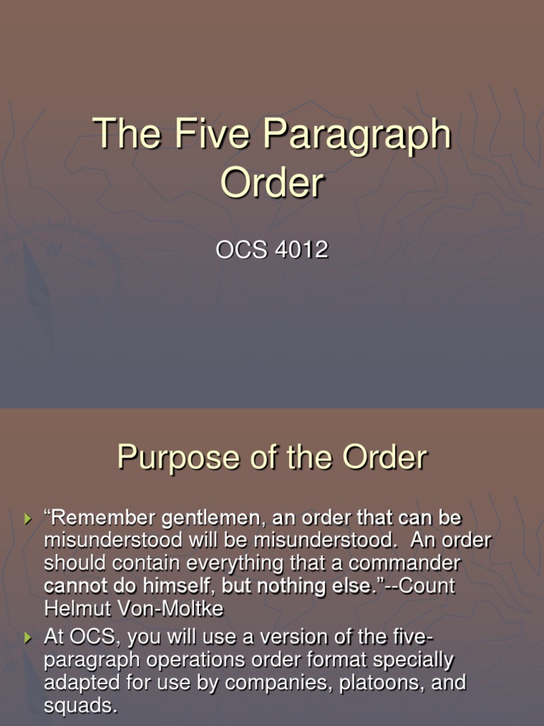 Five Paragraph Operations Order Guide | PDF | Platoon | Military