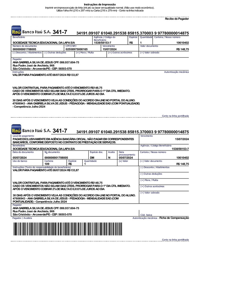 Boleto_ANA GABRIELA SILVA DE JESUS_05-07-2024 | PDF