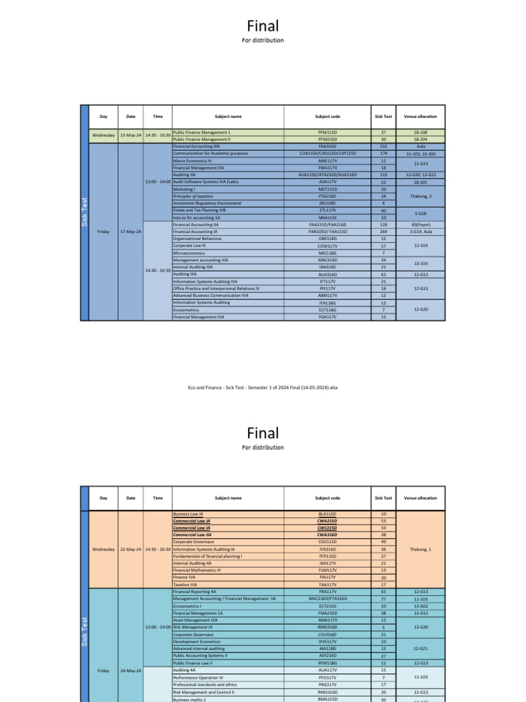 2024 Eco and Finance Sick Test Schedule | PDF | Accounting | Public Finance