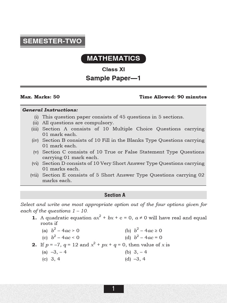 Mathematics XI Semester Two Sample Paper 1 | PDF | Quadratic Equation ...