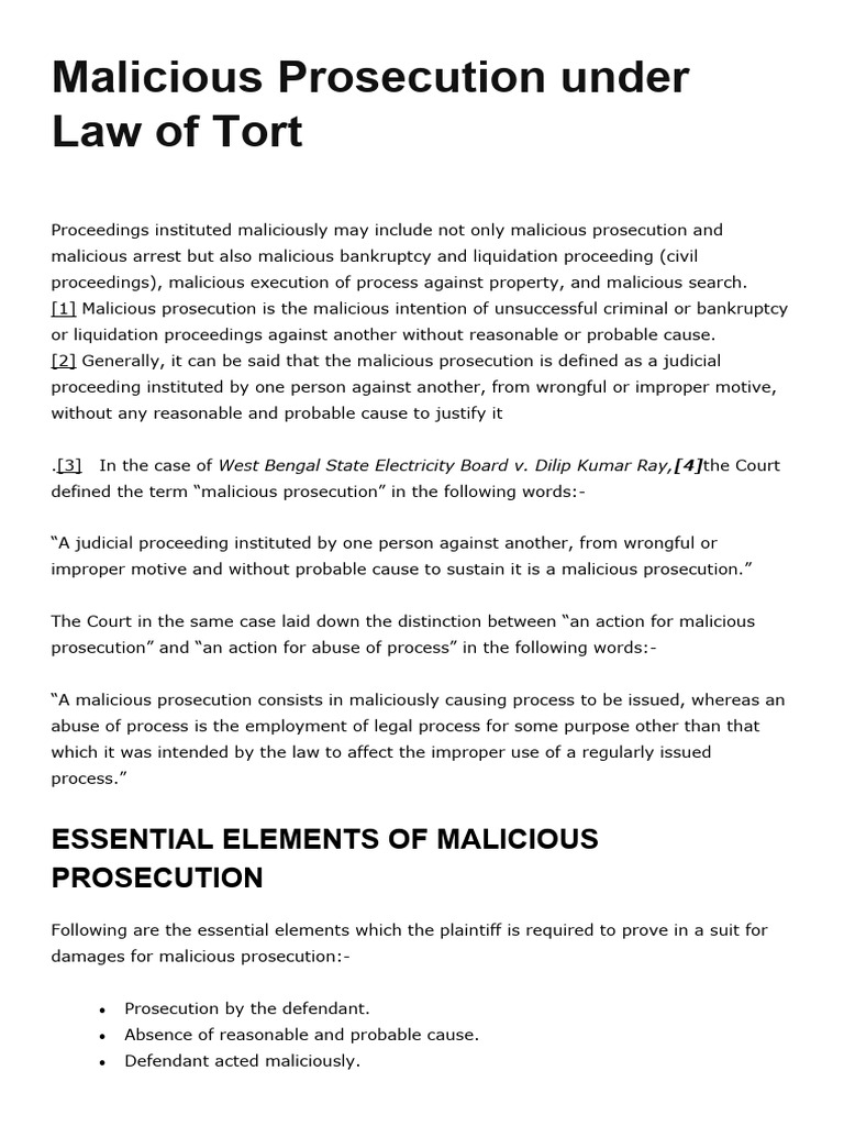 Malicious Prosecution Under Law of Tort | PDF | Malicious Prosecution ...
