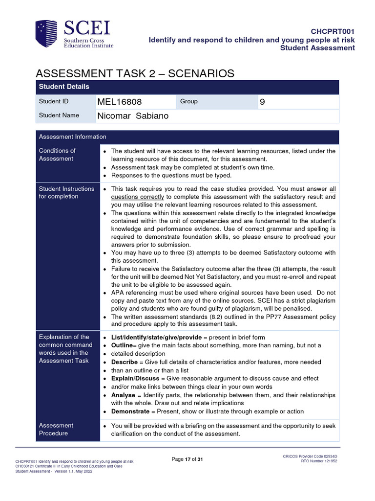 CHCPRT001 - Student Assessment Task 2 - Scenarios | PDF | Child Abuse ...