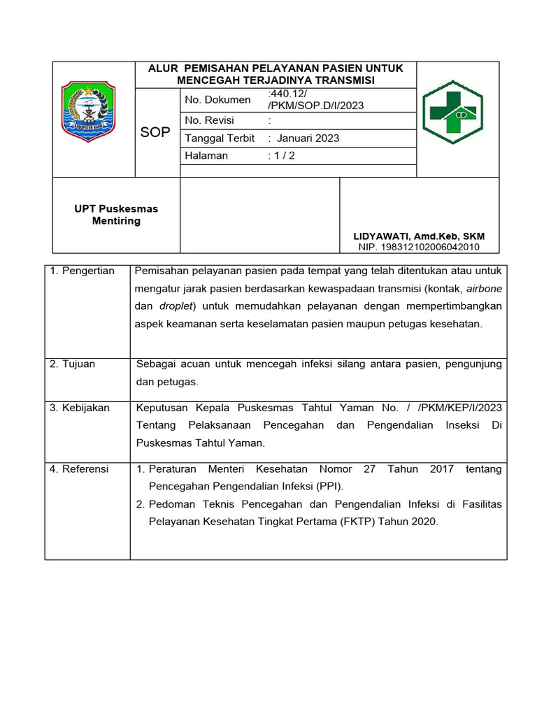 SOP Alur Pemisahan Pelayanan Pasien Untuk Mencegah Terjadinya Transmisi ... SOP Alur Pemisahan Pelayanan Pasien Untuk Mencegah Terjadinya Transmisi ...