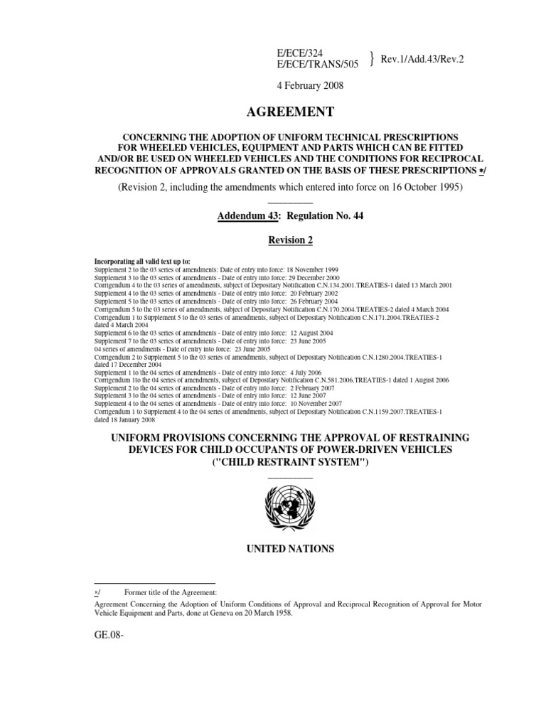 Agreement: E/ECE/324 E/ECE/TRANS/505 Rev.1/Add.43/Rev.2 4 February 2008 | PDF | Seat Belt