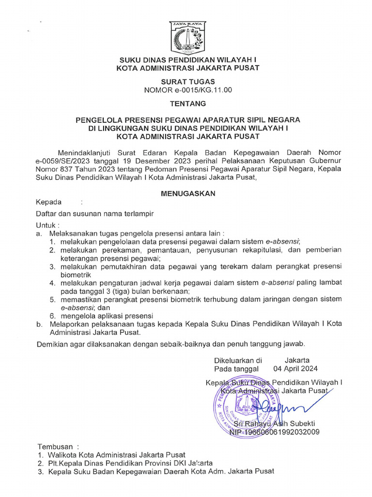 ST Pengelola Presensi Asn Sudin Pendidikan JP1 | PDF