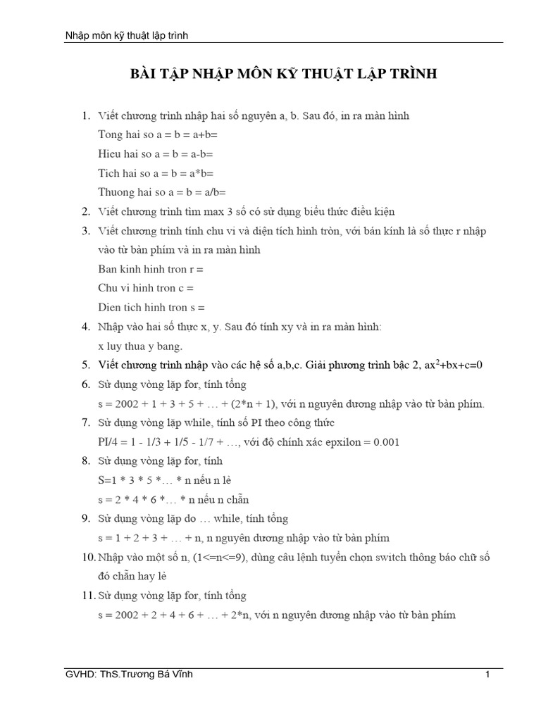 Bai Tap Nhap Mon Ky Thuat Lap Trinh | PDF