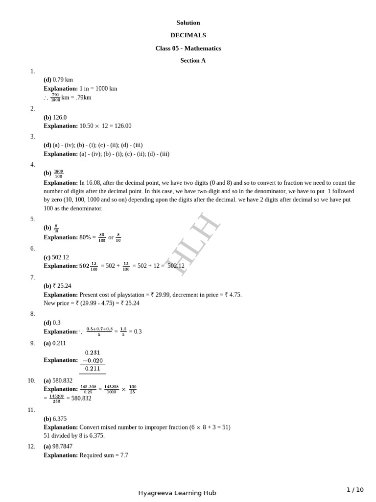 5TH STD Decimals Sol | PDF | Division (Mathematics) | Mathematical Notation