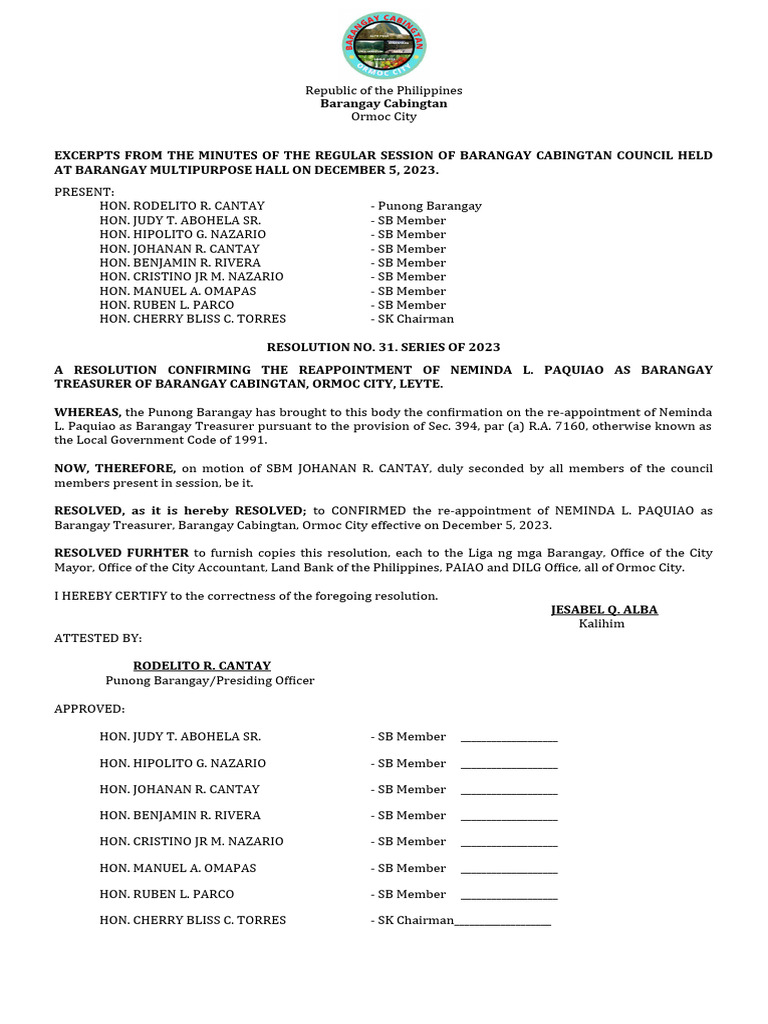 Resolution 31 - Appointment of Treasurer | PDF | Philippines