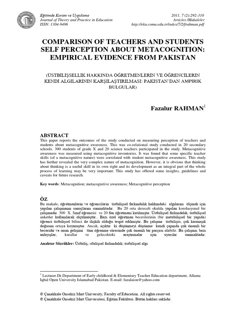 STB L Sell K Hakkinda Retmenler N Ve Renc Lerin Kend Algilarinin Kar Ila Tirilmasi Pakistan'Dan ...