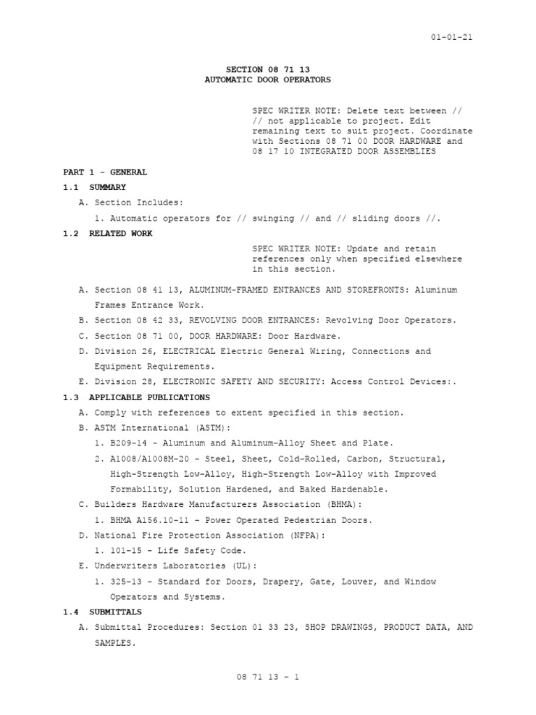 SECTION 08 71 13 Automatic Door Operators | PDF | Door | Switch