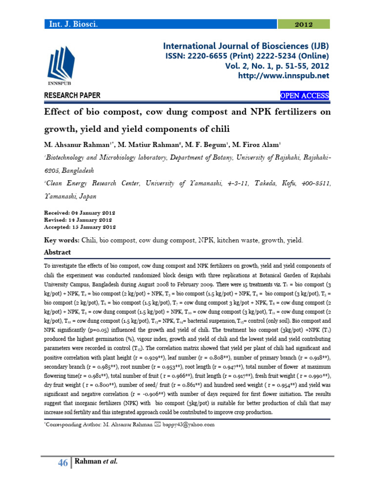 Effect of Bio Compost, Cow Dung Compost and NPK Fertilizers On Growth, Yield and Yield ...