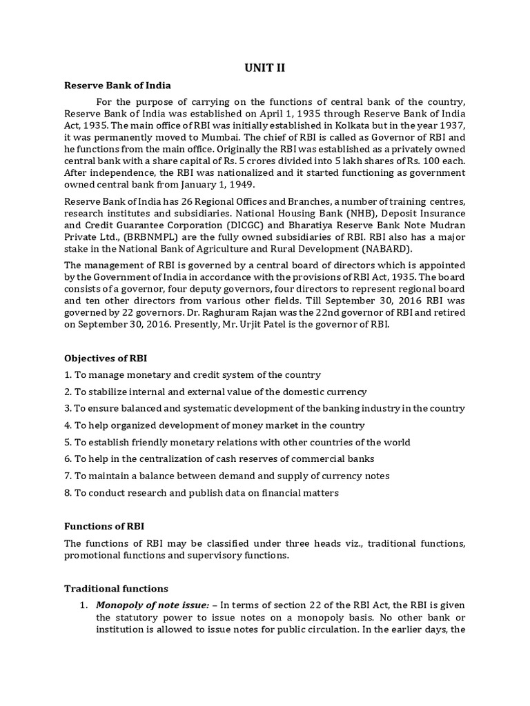 Notes Unit II Part A | PDF | Reserve Bank Of India | Banks