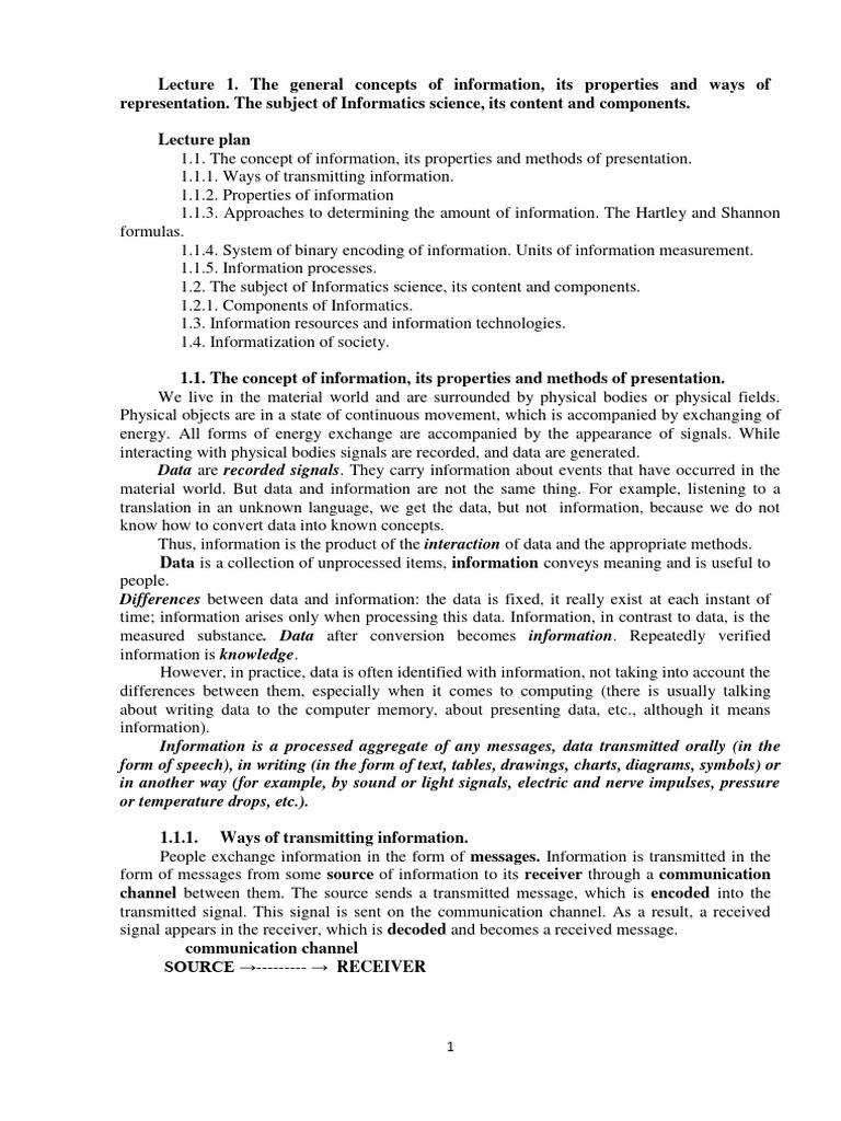 Lec 1 Informatics And Information Ss Pdf Information Computer Science