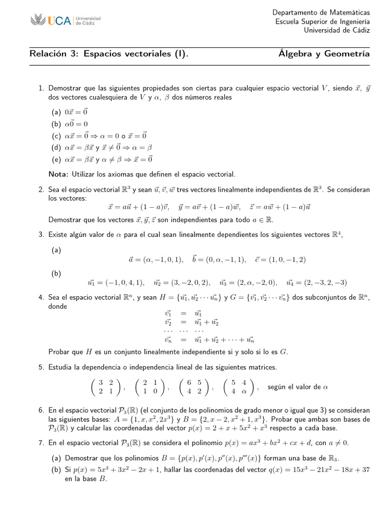 Algebra Tema 3 I | PDF | Base (álgebra lineal) | Espacio vectorial