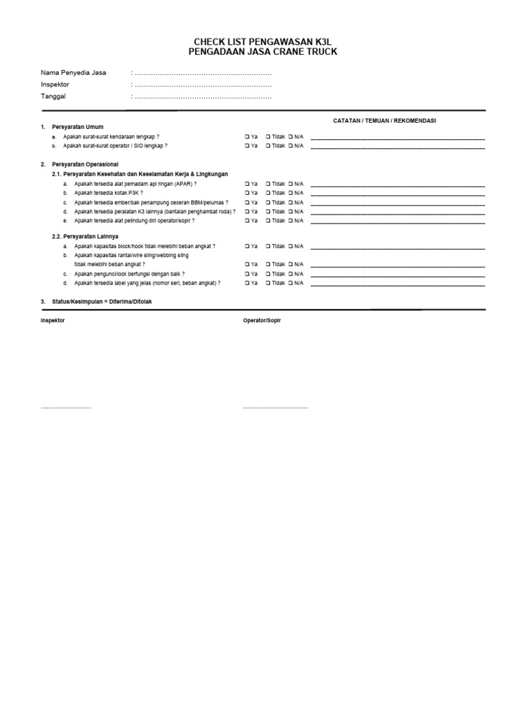 Checklist Pengawasan K3L - Crane Truck | PDF Checklist Pengawasan K3L - Crane Truck | PDF