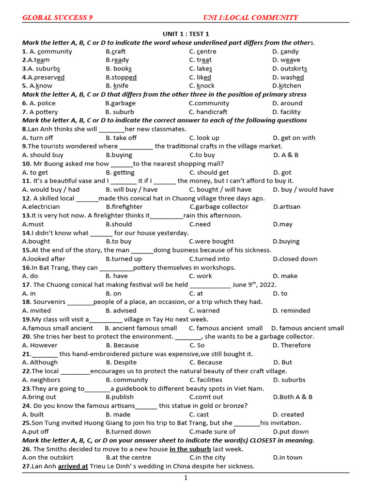 Bài Tập Bổ Trợ Global Success 9 UNIT 1 (PRACTICE TEST) | PDF