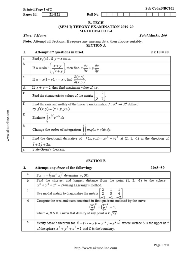 Btech 1 Sem Mathematics 1 Nbc101 2020 | PDF | Mathematical Analysis ...