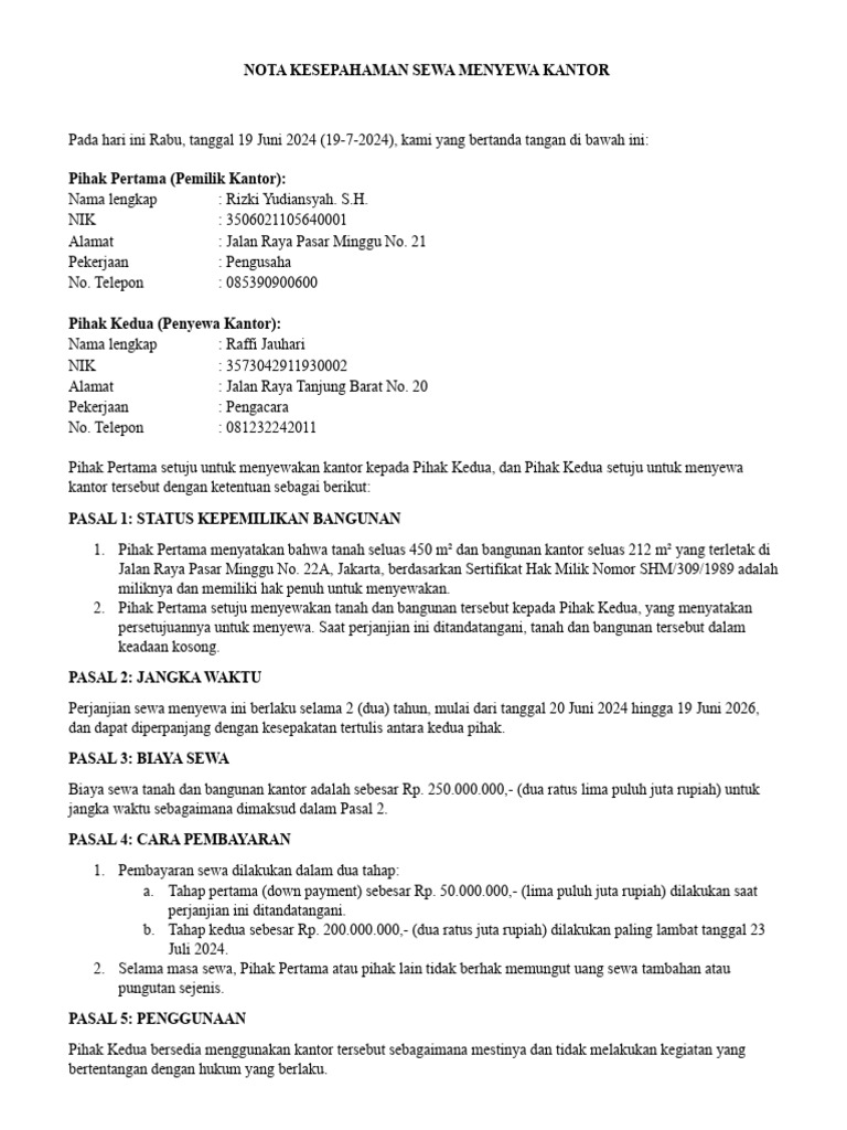 NOTA KESEPAHAMAN SEWA MENYEWA KANTOR 1907 | PDF