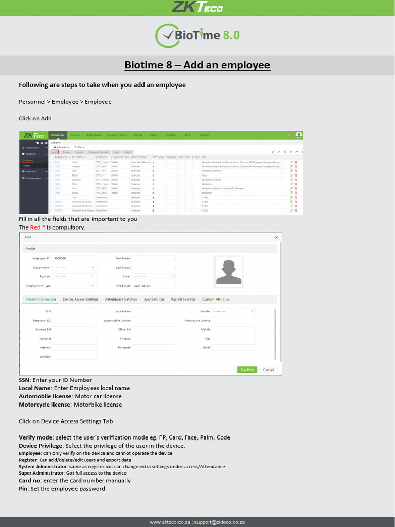 Biotime 8 - Add An Employee | PDF | Personal Identification Number ...