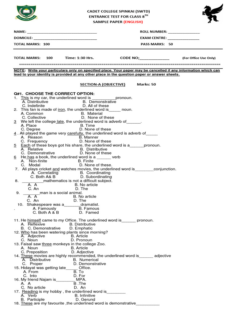 Entry Test Papers Sample 8th Class(2) | PDF | Adjective | Linguistics