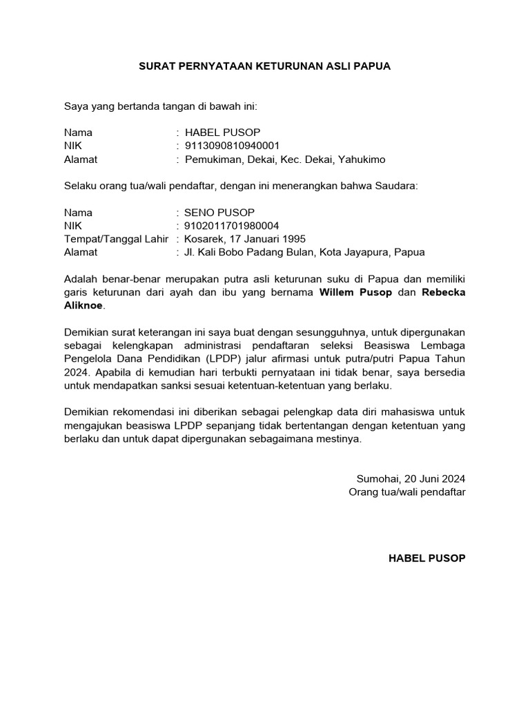 Surat Keterangan Keturunan OAP | PDF