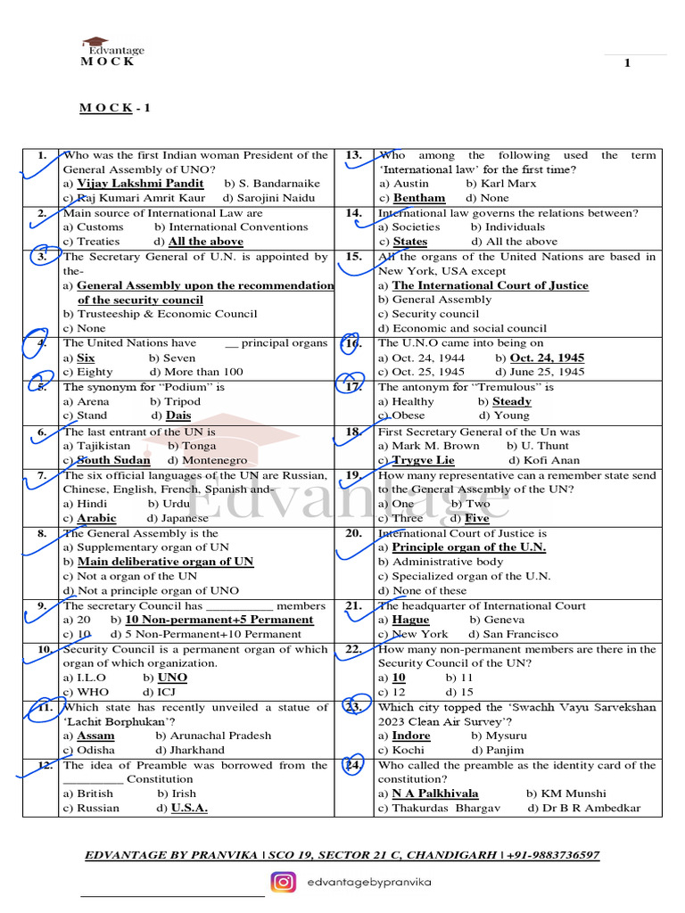 Mock - 1 (Solved) | PDF | United Nations | International Relations