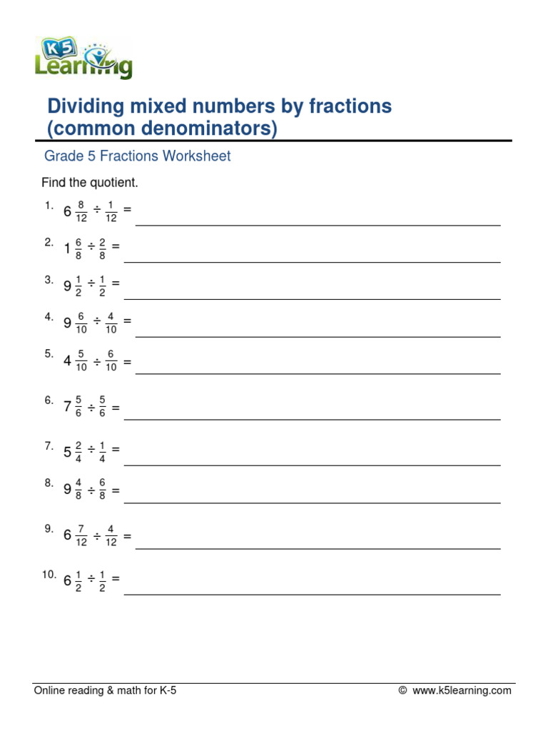Grade 5 Mixed Numbers Division Worksheet | PDF