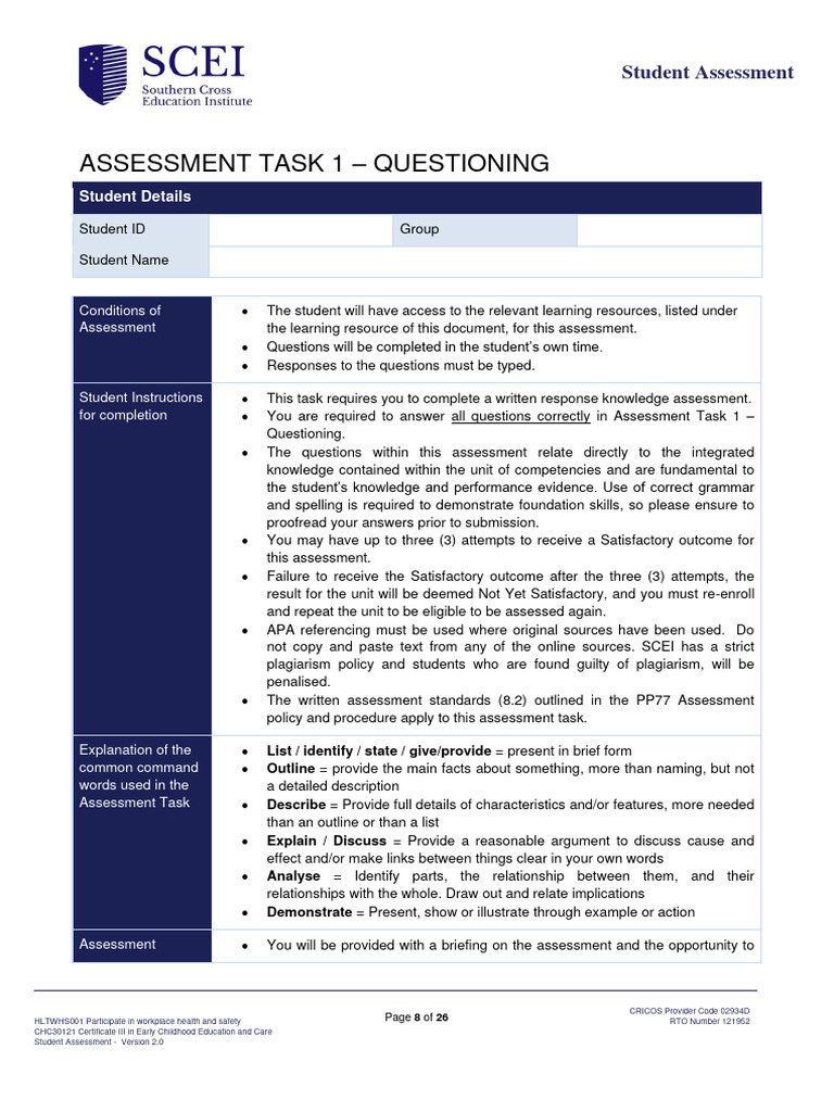 HLTWHS001 - Student Assessment Task 1 - Questioning | PDF ...