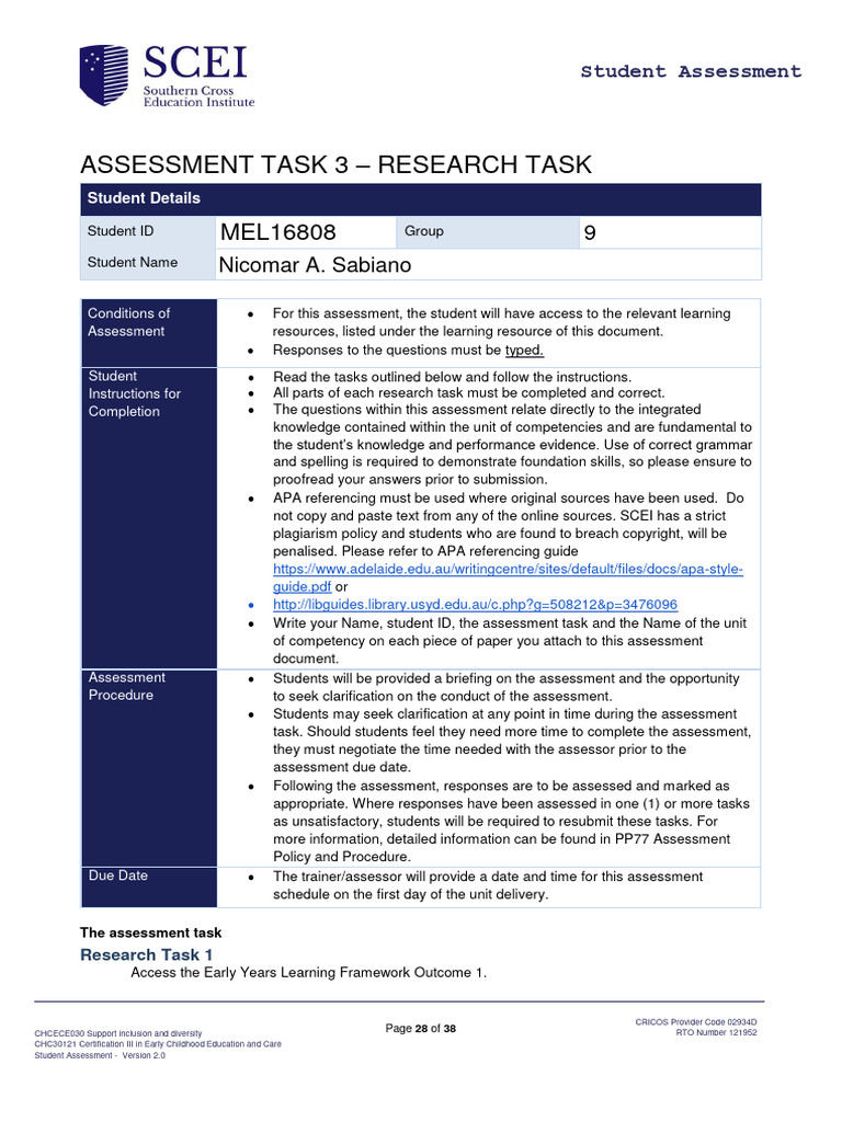 CHCECE030_Student Assessment Task 3 - Research Task | PDF | Learning | Cognition