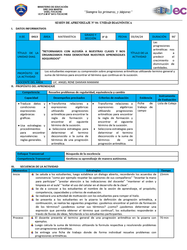 Sesion N°04 - 3°d - Mate - Prof Angel - Progresion Aritmetica - 03 - 04 - 24 - Ie 0413 | PDF ...